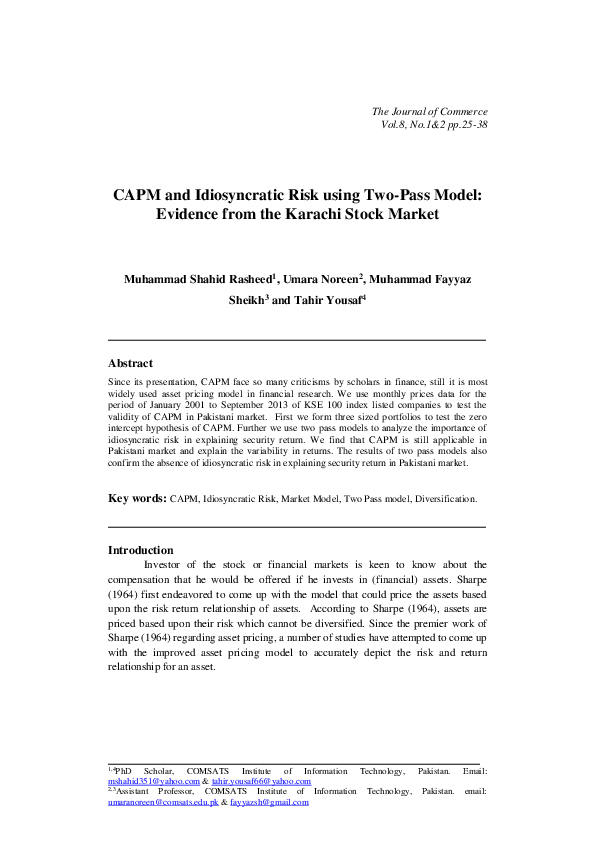 (PDF) CAPM and Idiosyncratic Risk using Two-Pass Model : Evidence from ...