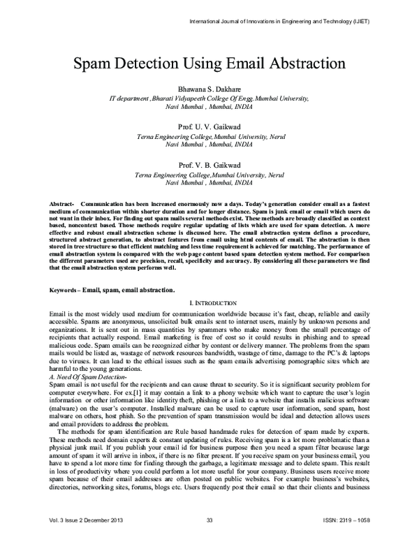 (PDF) Spam Detection Using Email Abstraction