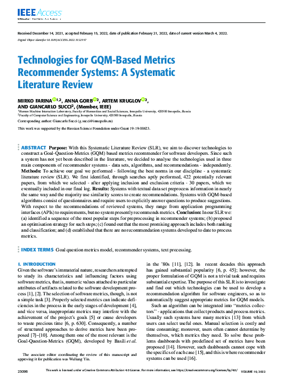 Pdf Technologies For Gqm Based Metrics Recommender Systems A