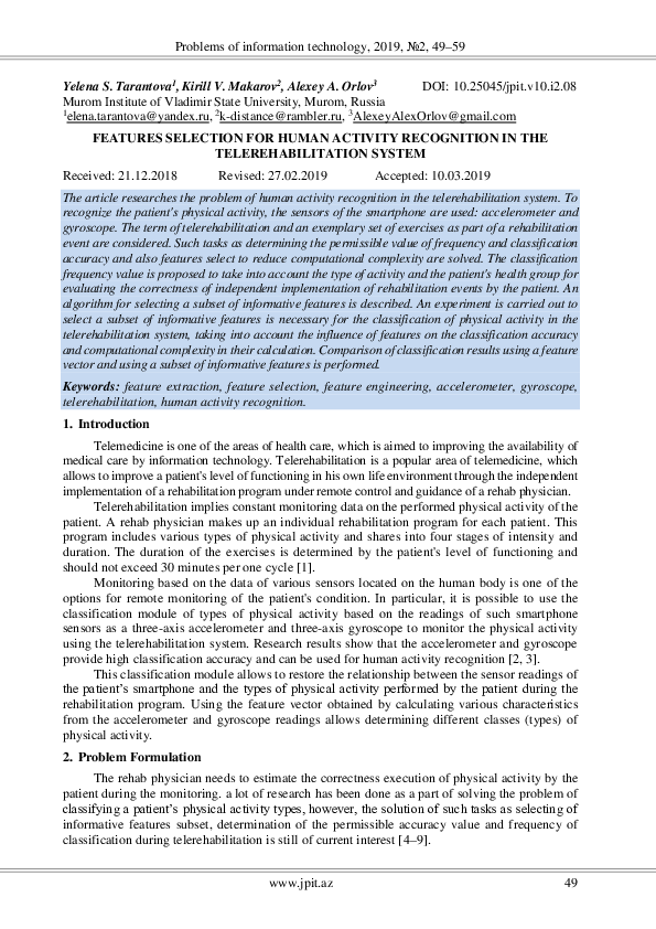 (PDF) Features Selection for Human Activity Recognition in the Telerehabilitation System | Paulo ...