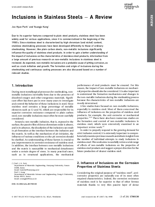 (PDF) Inclusions in Stainless Steels − A Review
