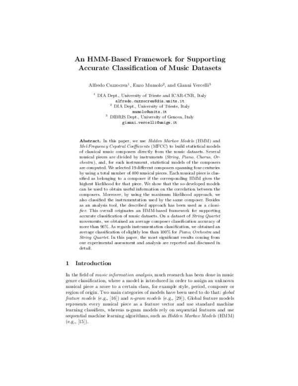 Pdf An Hmm Based Framework For Supporting Accurate Classification Of Music Datasets