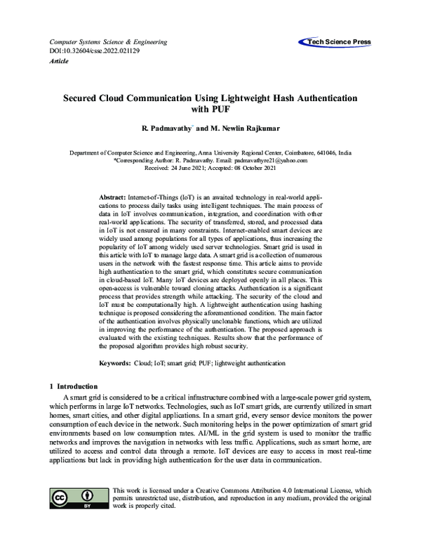 (PDF) Secured Cloud Communication Using Lightweight Hash Authentication with PUF