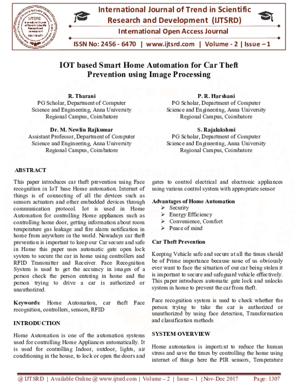 Pdf Iot Based Smart Home Automation For Car Theft Prevention Using Image Processing M Newlin