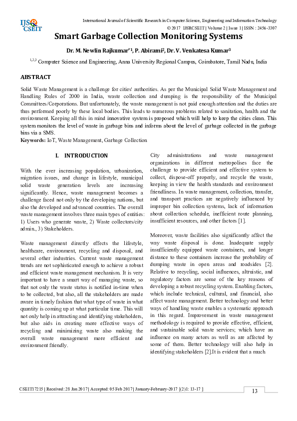 (PDF) Smart Garbage Collection Monitoring Systems