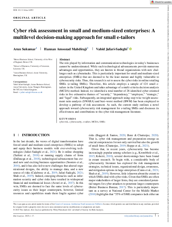 (PDF) Cyber risk assessment in small and medium-sized enterprises: A ...