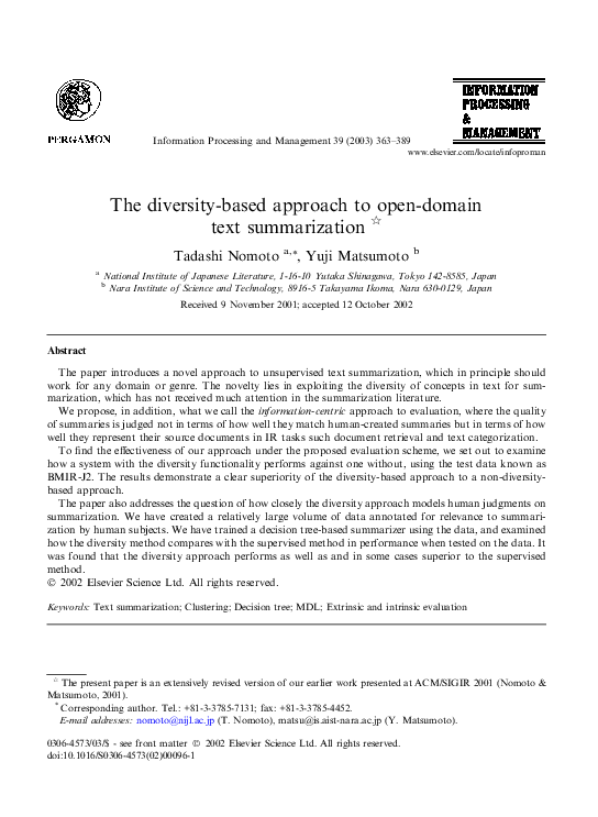 (PDF) The diversity-based approach to open-domain text summarization | Tadashi Nomoto - Academia.edu