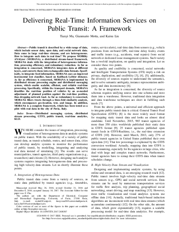 (PDF) Delivering Real-Time Information Services on Public Transit: A ...