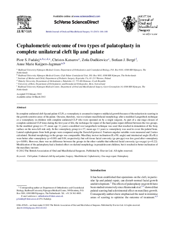 (PDF) Cephalometric outcome of two types of palatoplasty in complete unilateral cleft lip and ...