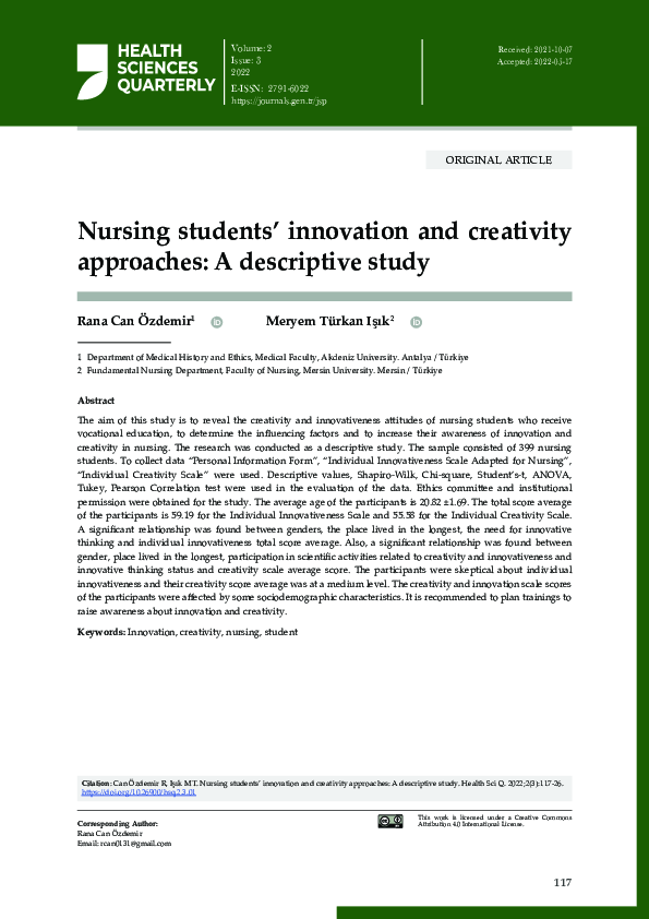 (PDF) Nursing students’ innovation and creativity approaches: A ...