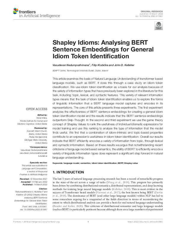 (PDF) Shapley Idioms: Analysing BERT Sentence Embeddings for General Idiom Token Identification