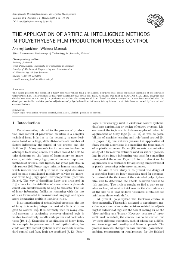 (PDF) THE APPLICATION OF ARTIFICIAL INTELLIGENCE METHODS IN POLYETHYLENE FILM PRODUCTION PROCESS ...