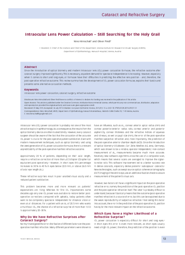 (PDF) Intraocular Lens Power Calculation – Still Searching for the Holy ...