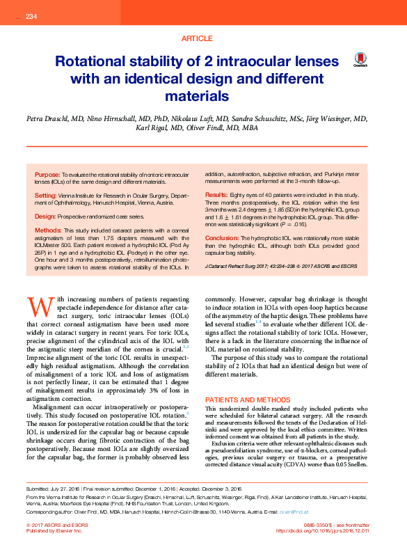 (PDF) Rotational stability of 2 intraocular lenses with an identical ...