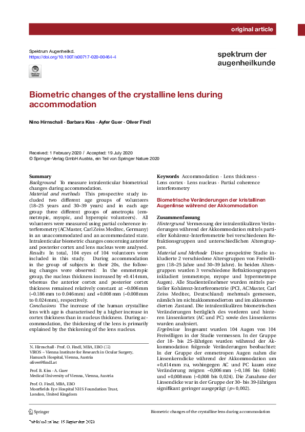(PDF) Biometric changes of the crystalline lens during accommodation