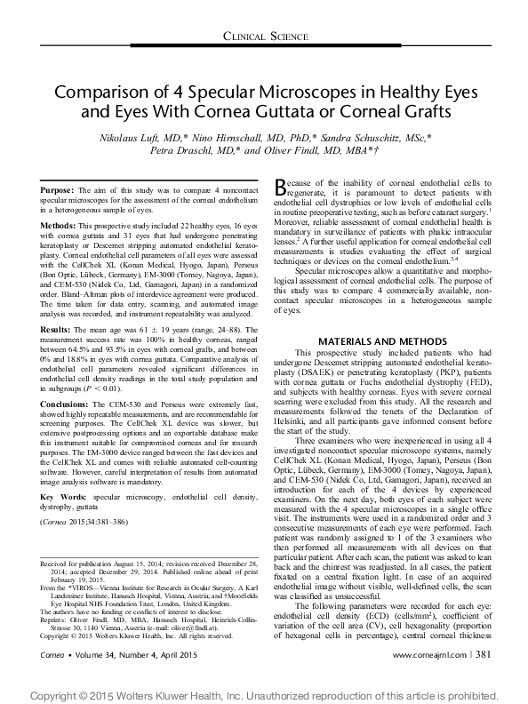 (PDF) Comparison of 4 specular microscopes in healthy eyes and eyes ...