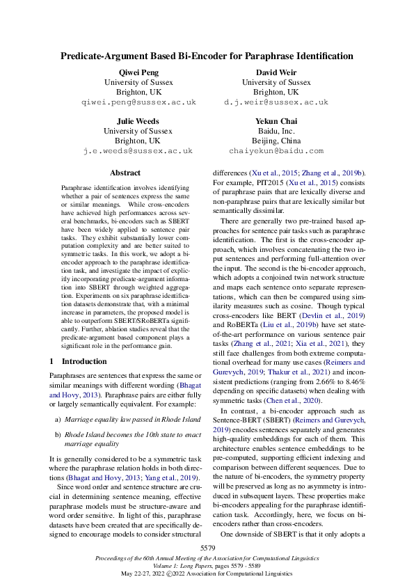 (PDF) Predicate-Argument Based Bi-Encoder for Paraphrase Identification