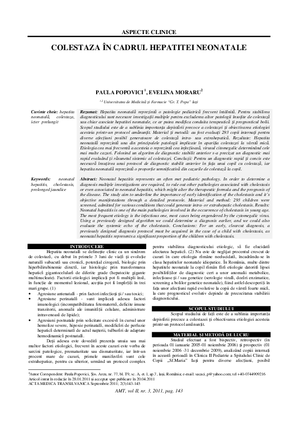 (PDF) Colestaza În Cadrul Hepatitei Neonatale