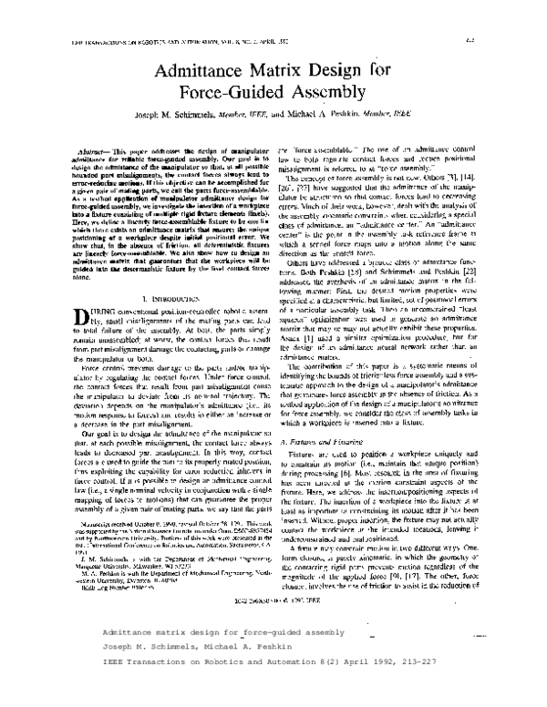 (PDF) Admittance matrix design for force-guided assembly