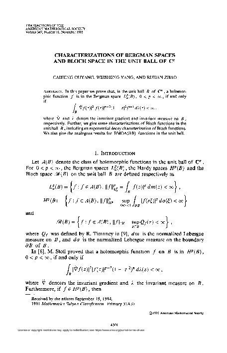 Pdf Characterizations Of Bergman Spaces And Bloch Space In The Unit Ball Of { Bf C} Sp N