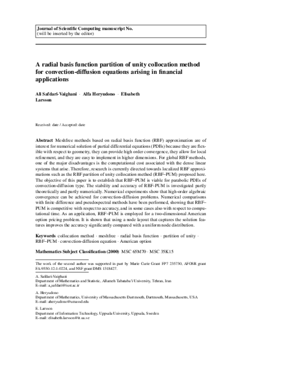 Pdf A Radial Basis Function Partition Of Unity Collocation Method For Convection Diffusion