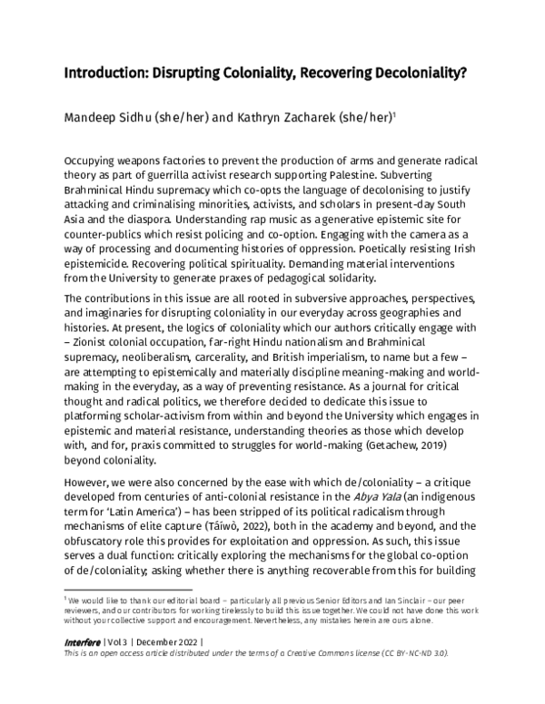 (PDF) Introduction: Disrupting Coloniality, Recovering Decoloniality?