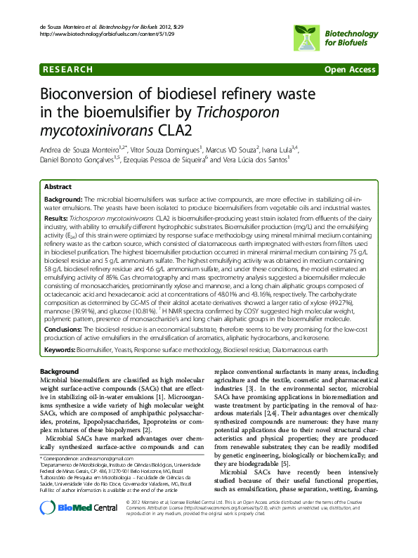 (PDF) Bioconversion of biodiesel refinery waste in the bioemulsifier by ...