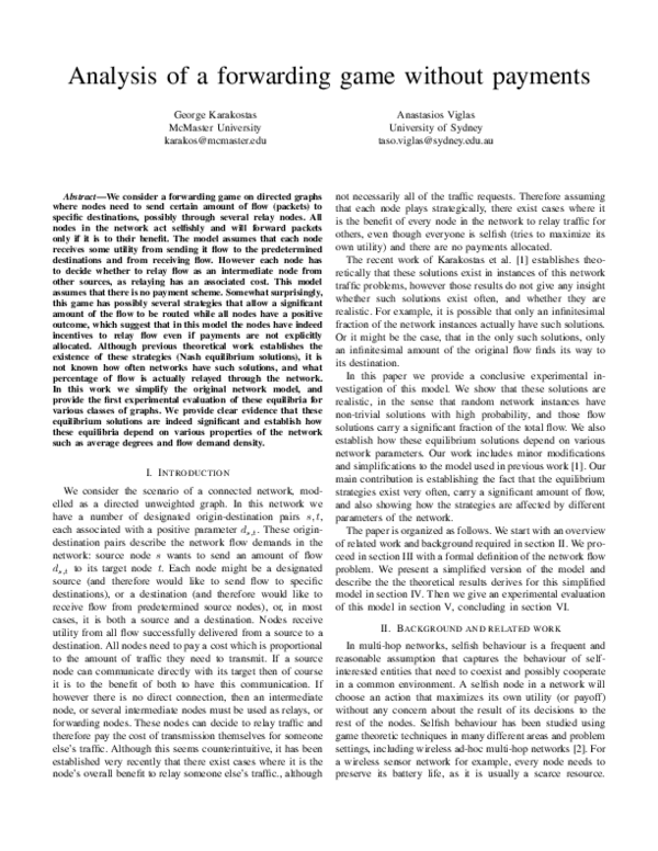 (PDF) Analysis of a Forwarding Game without Payments