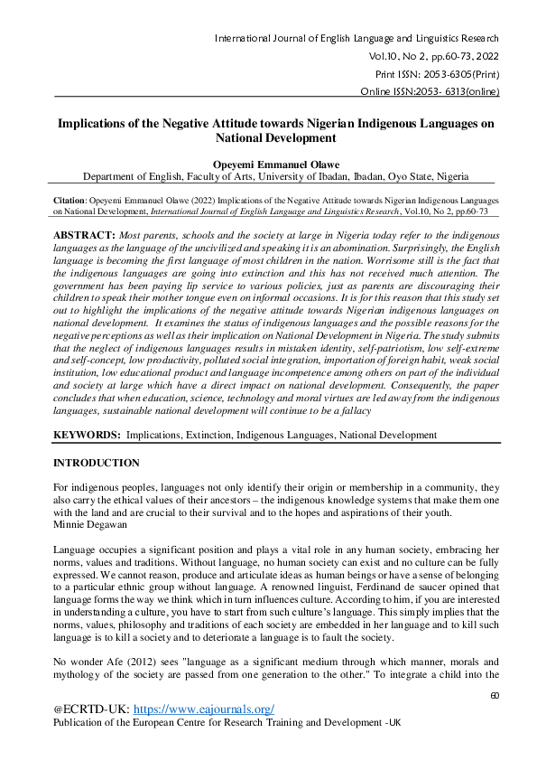 (PDF) Implications of the Negative Attitude towards Nigerian Indigenous Languages on National ...