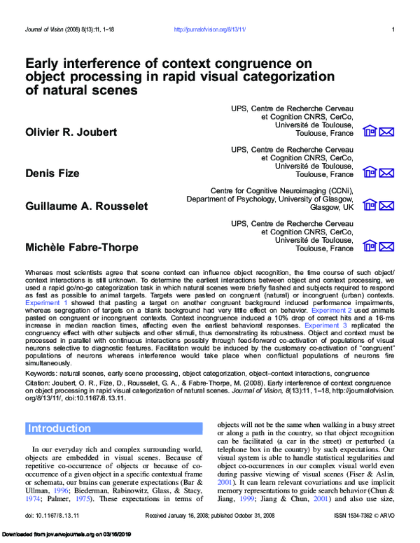 Early interference of context congruence on object processing in rapid visual categorization of ...