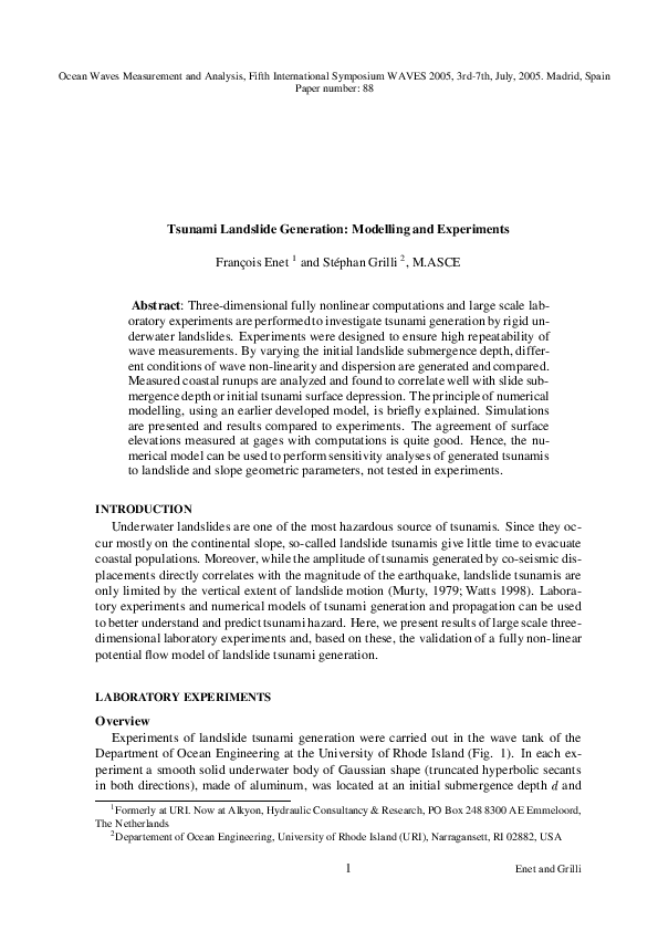 Pdf Tsunami Landslide Generation Modelling And Experiments Francois Enet