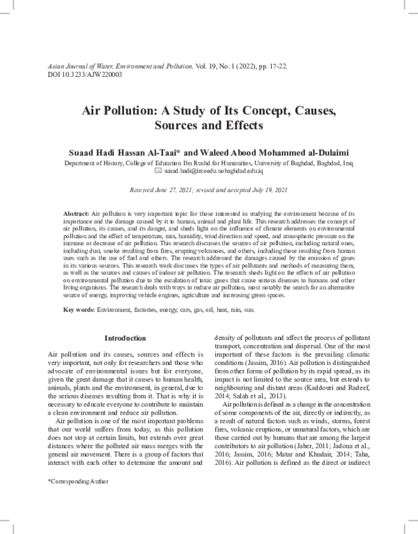 (PDF) Air Pollution: A Study of Its Concept, Causes, Sources and Effects