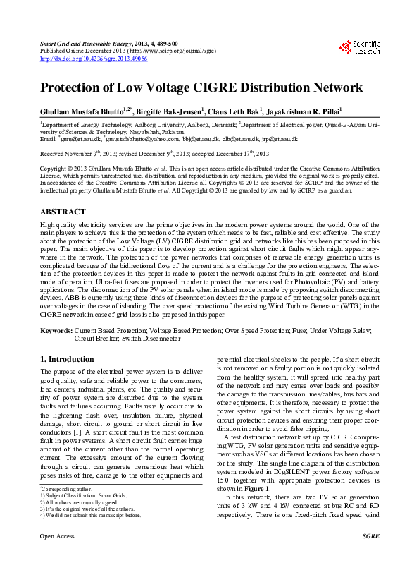 (PDF) Protection of Low Voltage CIGRE Distribution Network