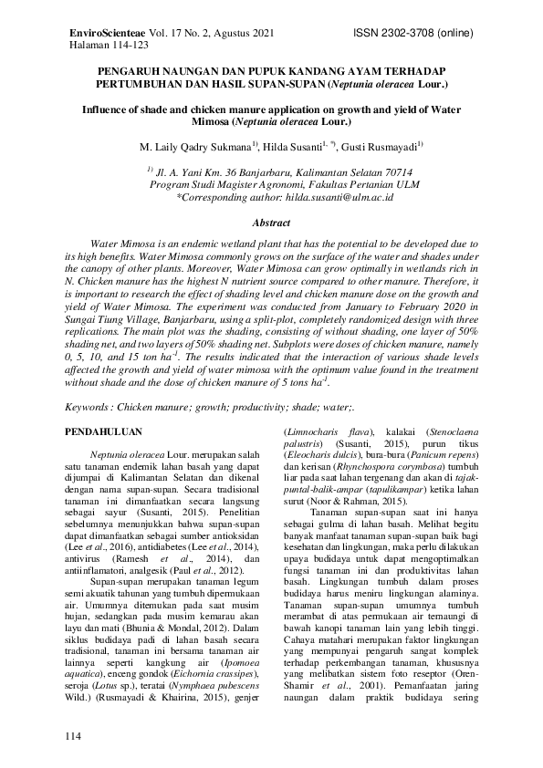(PDF) PENGARUH NAUNGAN DAN PUPUK KANDANG AYAM TERHADAP PERTUMBUHAN DAN HASIL SUPAN-SUPAN ...