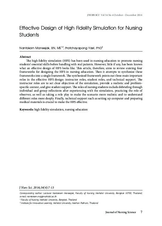(PDF) Effective Design of High Fidelity Simulation for Nursing Students
