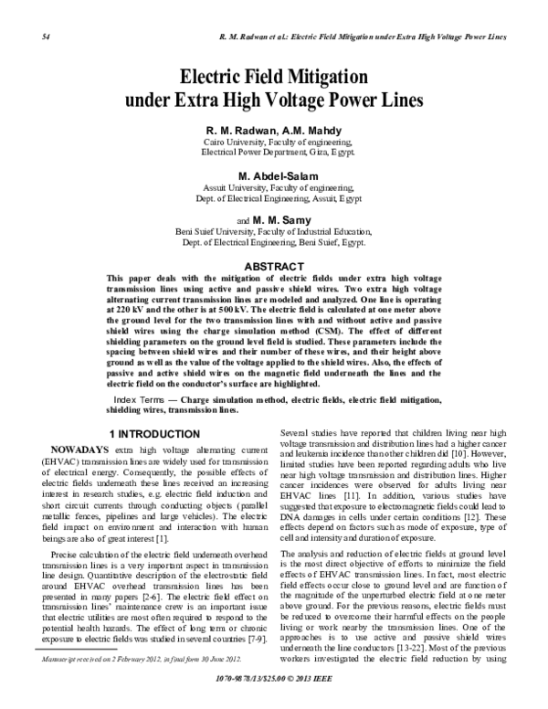 Pdf Electric Field Mitigation Under Extra High Voltage Power Lines Dr Mohamed Samy 