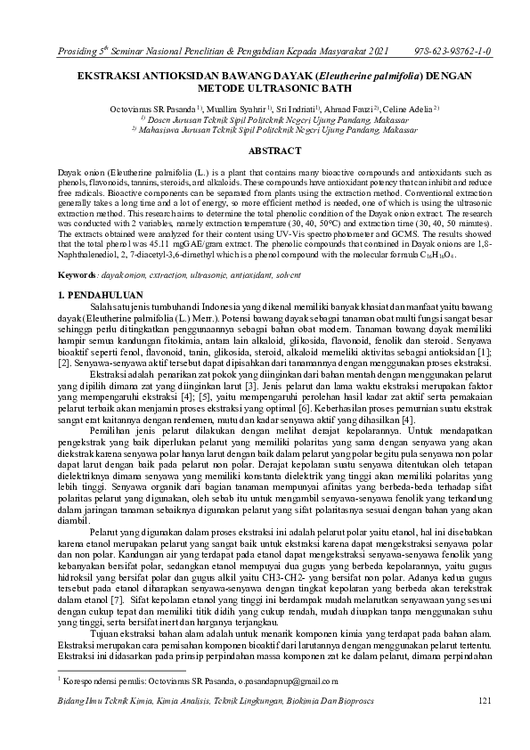 Pdf Ekstraksi Antioksidan Bawang Dayak Eleutherine Palmifolia Dengan Metode Ultrasonic Bath