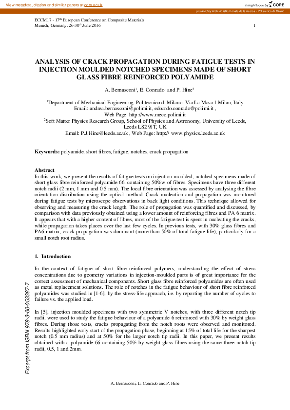 Pdf Analysis Of Crack Propagation During Fatigue Tests In Injection Moulded Notched Specimens