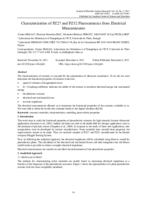 (PDF) Characterization of PZ27 and PZ52 Piezoceramics from Electrical ...