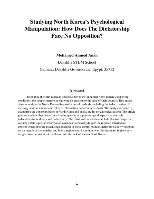 (PDF) Studying North Korea’s Psychological Manipulation: How Does The ...