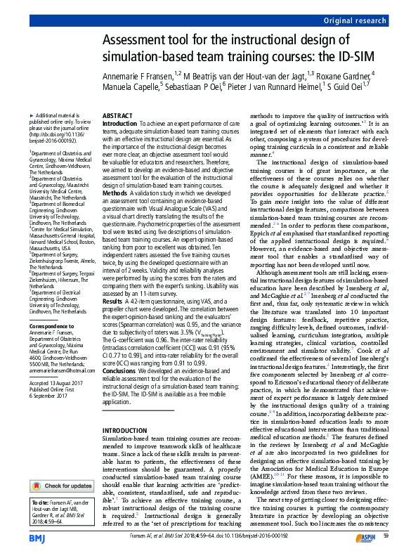 (PDF) Assessment tool for the instructional design of simulation-based team training courses ...