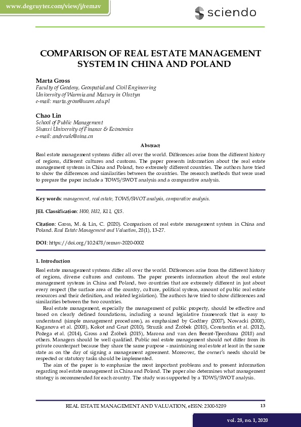 (PDF) Comparison of Real Estate Management System in China and Poland