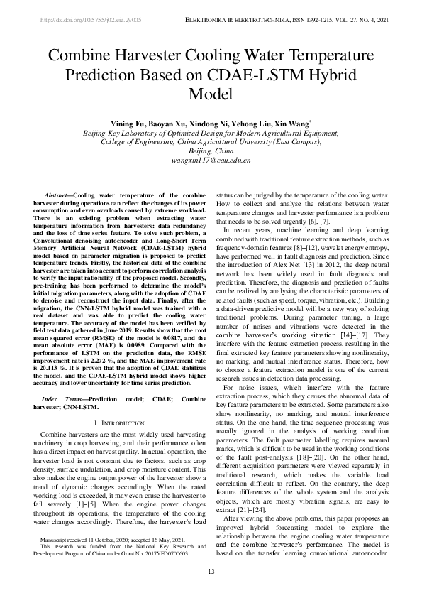 (PDF) Combine Harvester Cooling Water Temperature Prediction Based on CDAE-LSTM Hybrid Model
