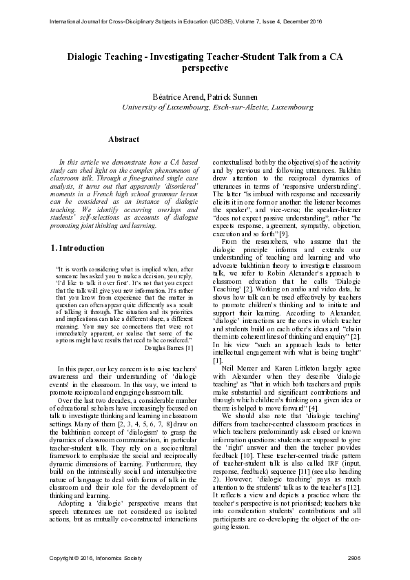 (PDF) Dialogic Teaching - Investigating Teacher-Student Talk from a CA perspective | Beatrice ...