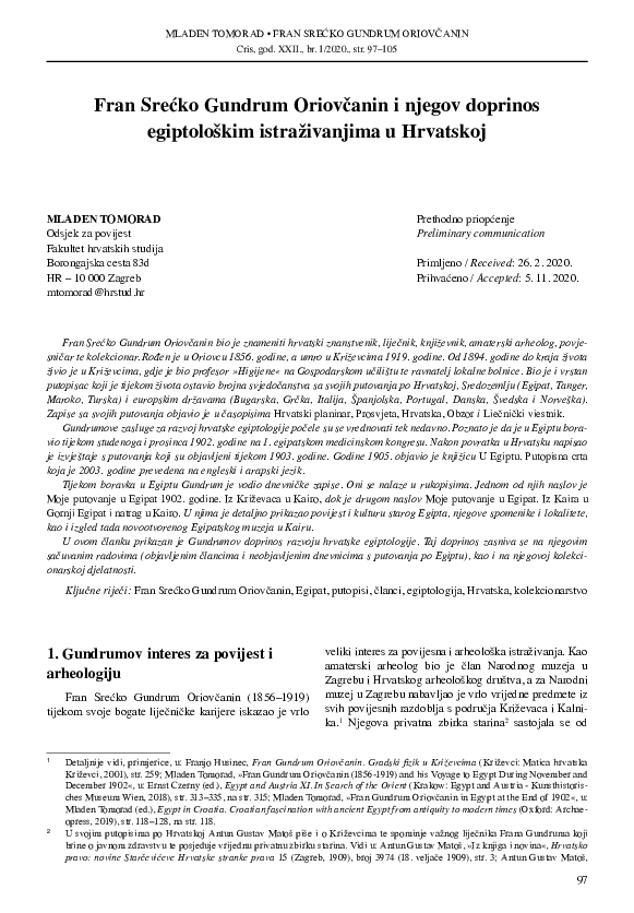 (PDF) Fran Srećko Gundrum Oriovčanin i njegov doprinos egiptološkim ...
