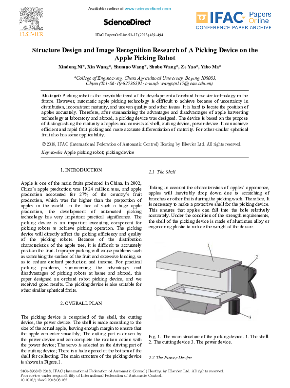 (PDF) Structure Design and Image Recognition Research of A Picking Device on the Apple Picking Robot