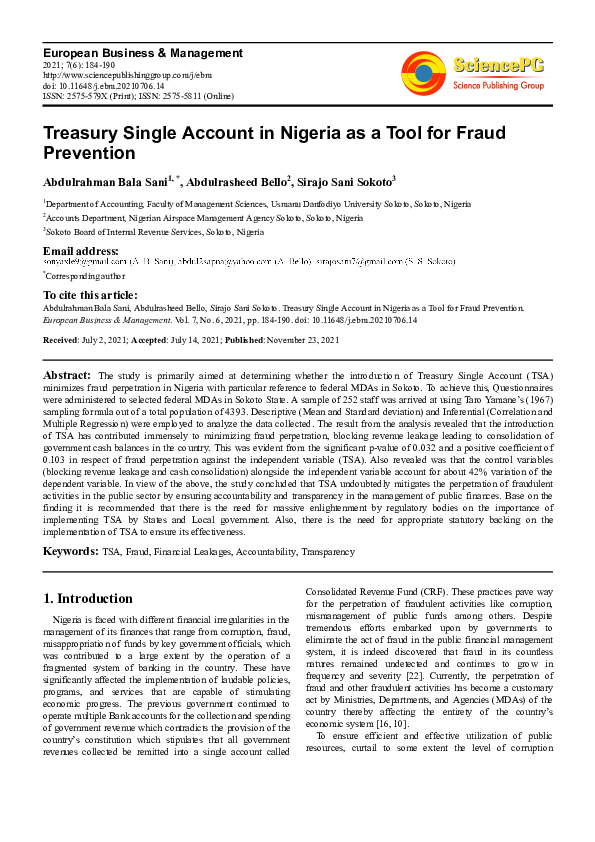 (PDF) Treasury Single Account in Nigeria as a Tool for Fraud Prevention