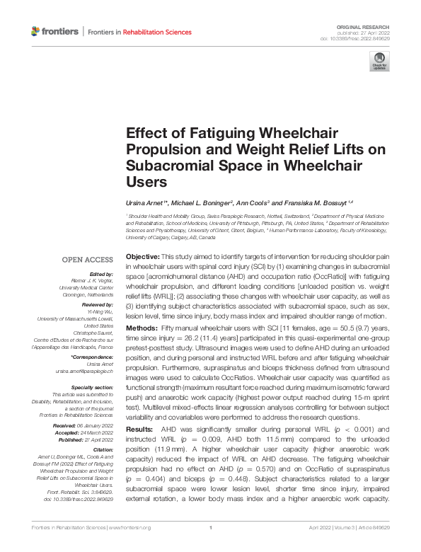 (PDF) Effect of Fatiguing Wheelchair Propulsion and Weight Relief Lifts ...