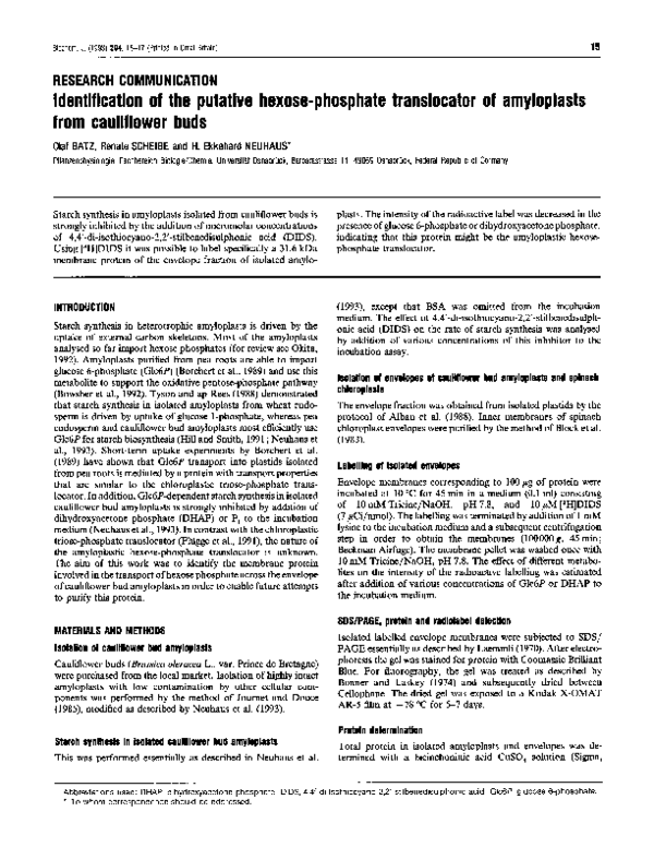 (PDF) Identification of the putative hexose-phosphate translocator of ...