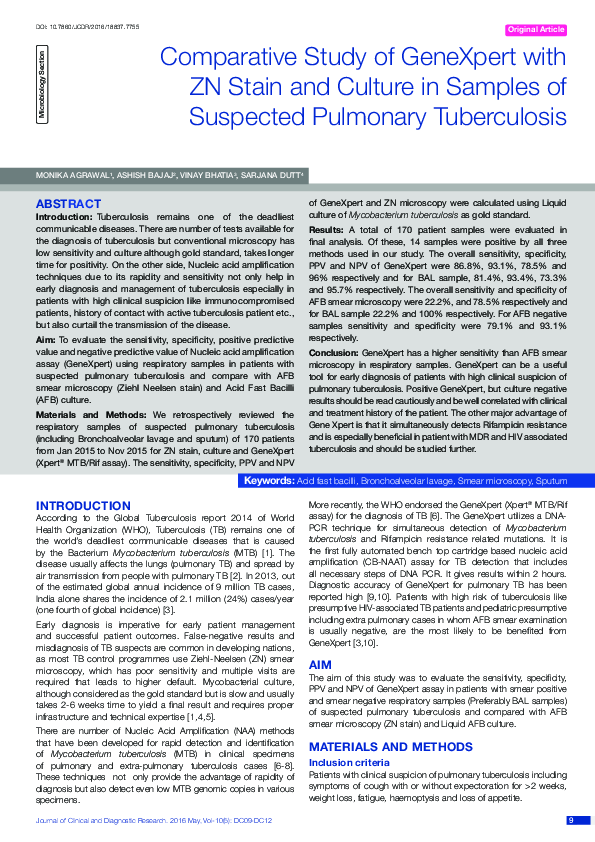(PDF) Comparative Study of GeneXpert with ZN Stain and Culture in Samples of Suspected Pulmonary ...